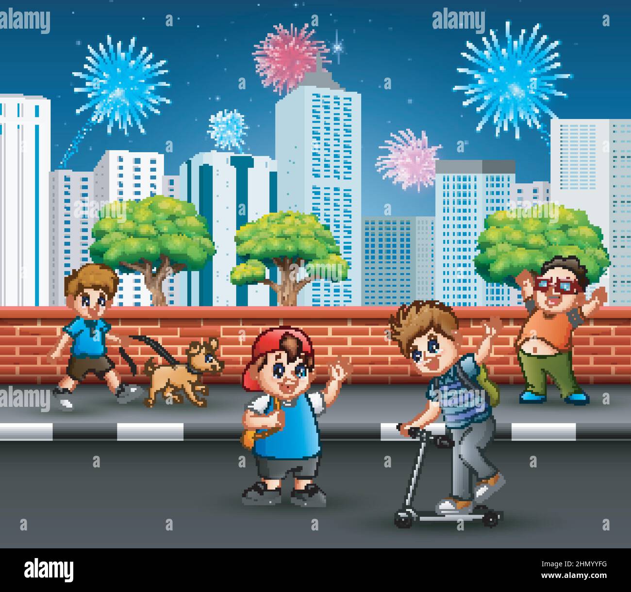 Cartoon children playing on the street sidewalk with cityscape ...
