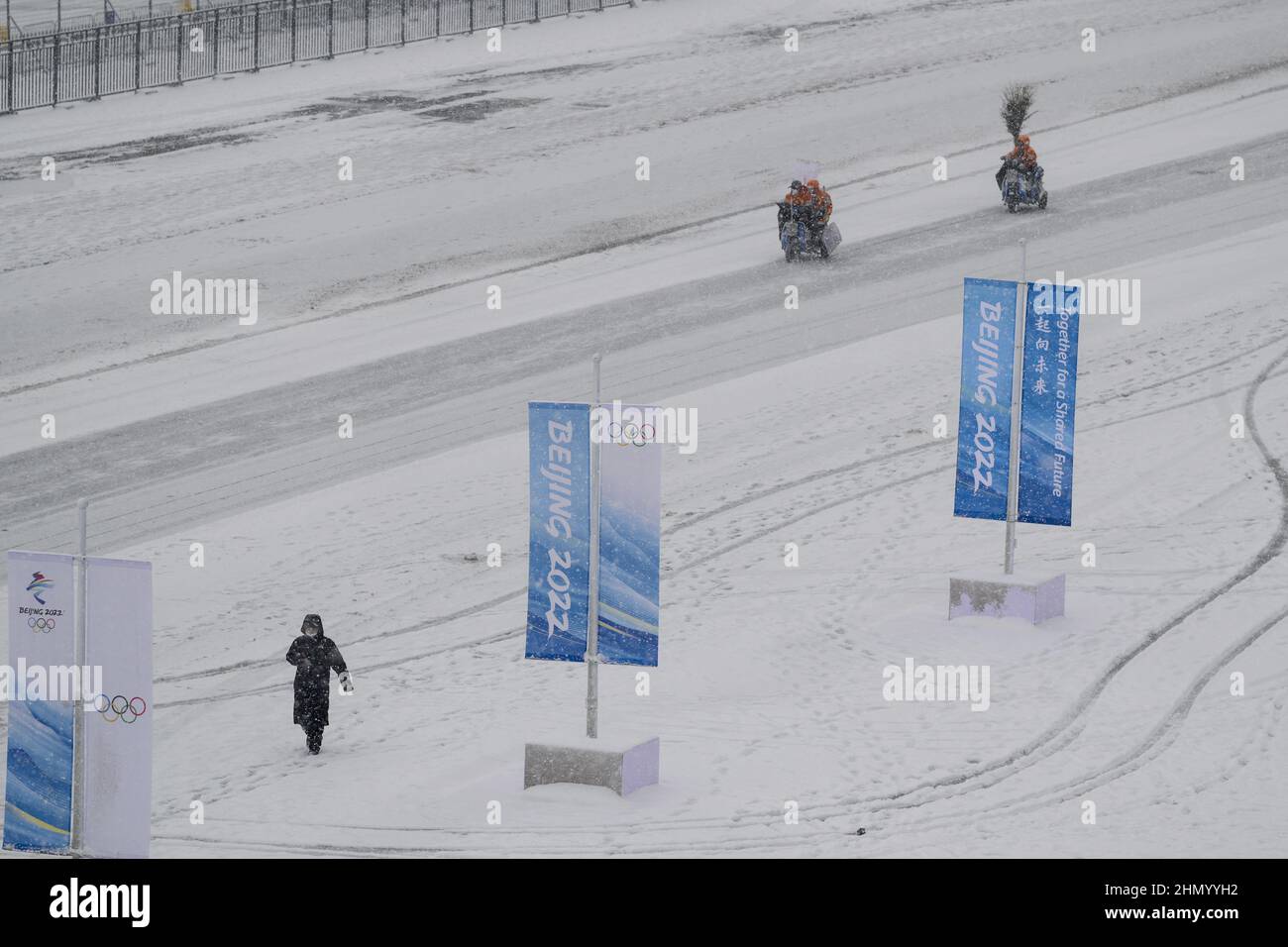Snow covers the ground outside the National Stadium during a snow storm ...
