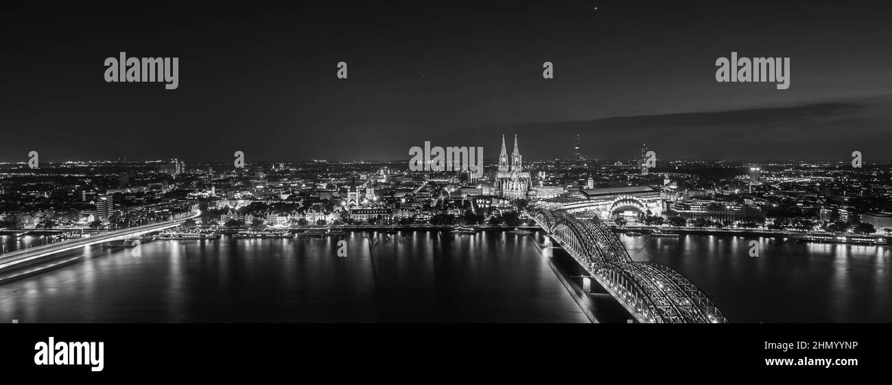 cologne city skyline at night in black and white Stock Photo - Alamy