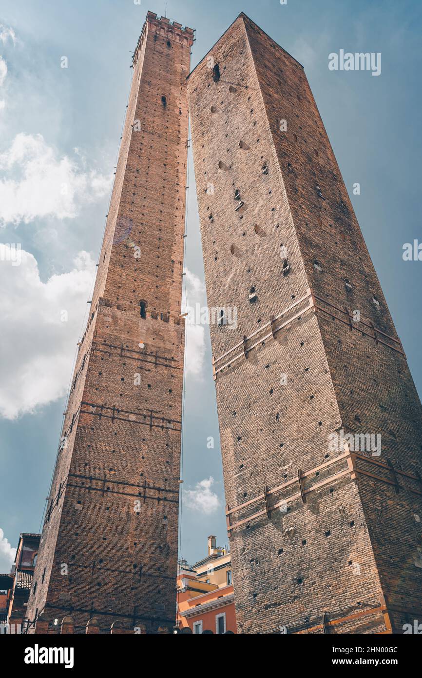 Two towers Garisenda and degli Asinelli in Bologna, Italy Stock Photo ...