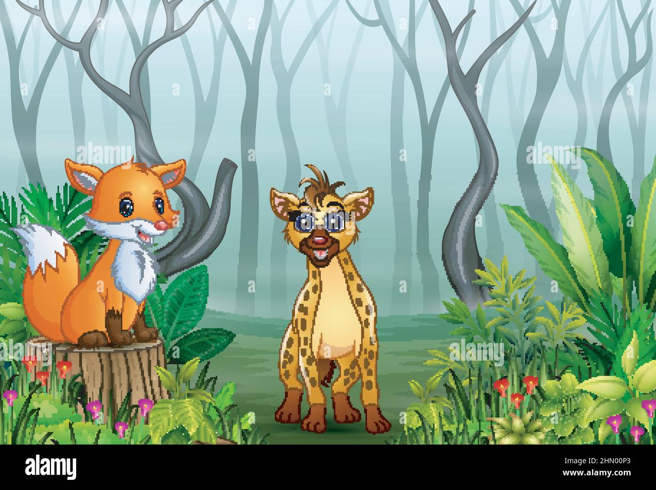Animals cartoon in a foggy forest with views of dry tree branches Stock ...