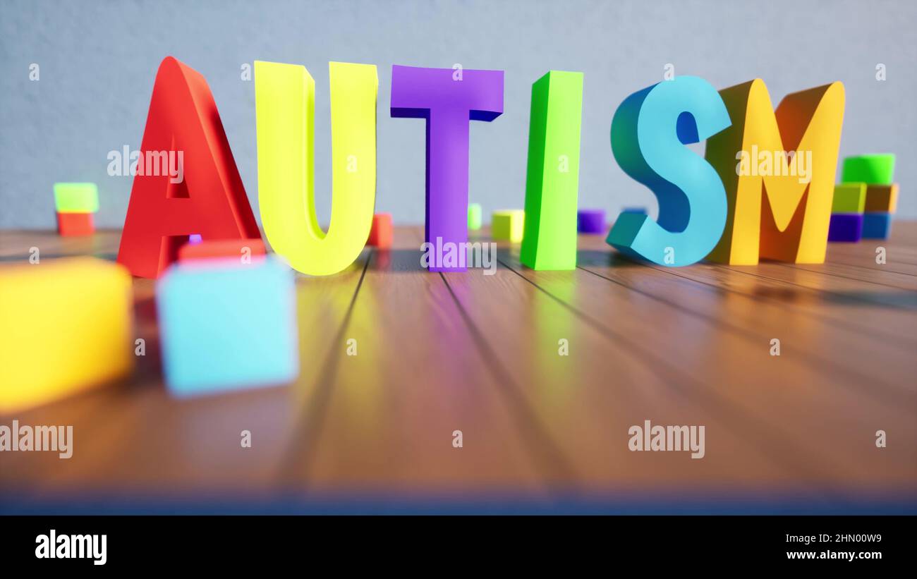 Mental health Autism awareness day color text Cover design 3d render ...