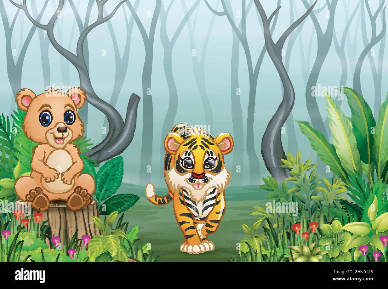 Cartoon wild animal in the forest with dry tree branches background ...