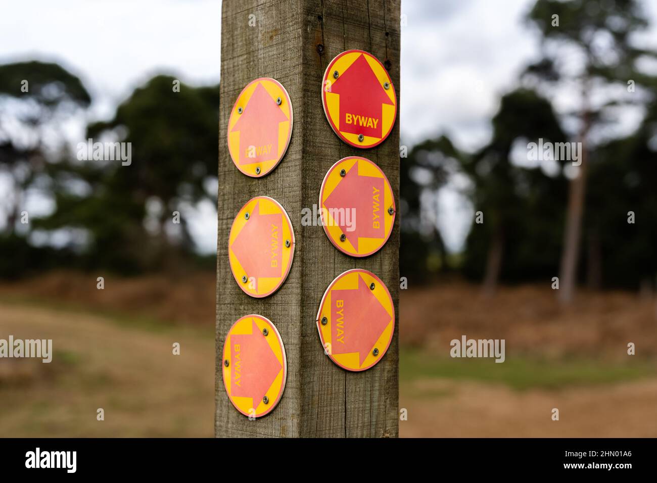 A rural countryside signpost with multiple byway signs showing public ...
