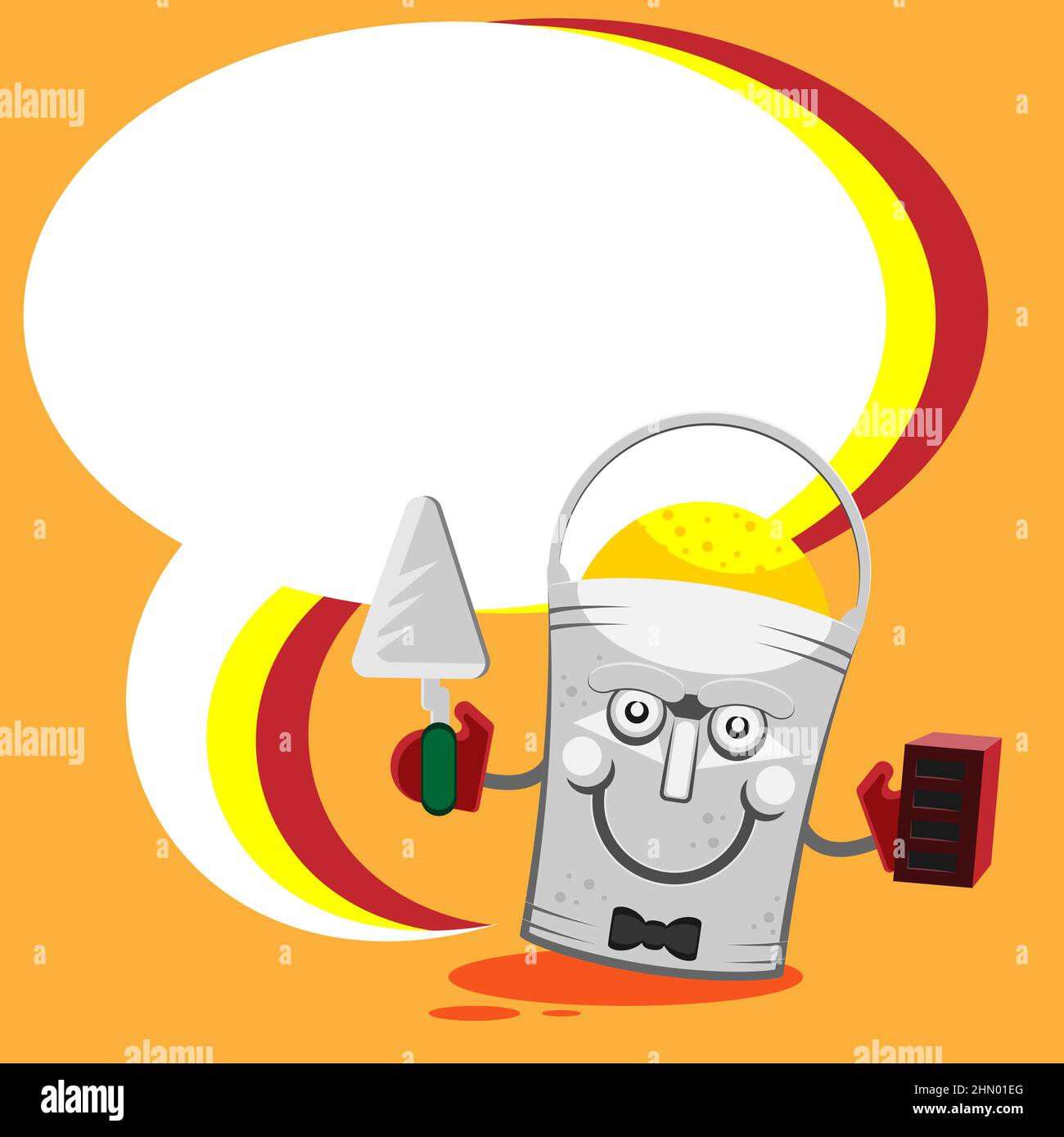 cartoon bucket character smiling brick trowel in hand on yellow ...
