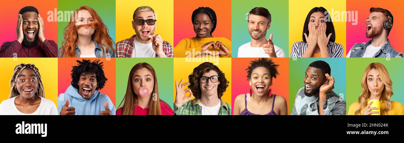 Funny bright emotions of different people, headshots of diverse young ...
