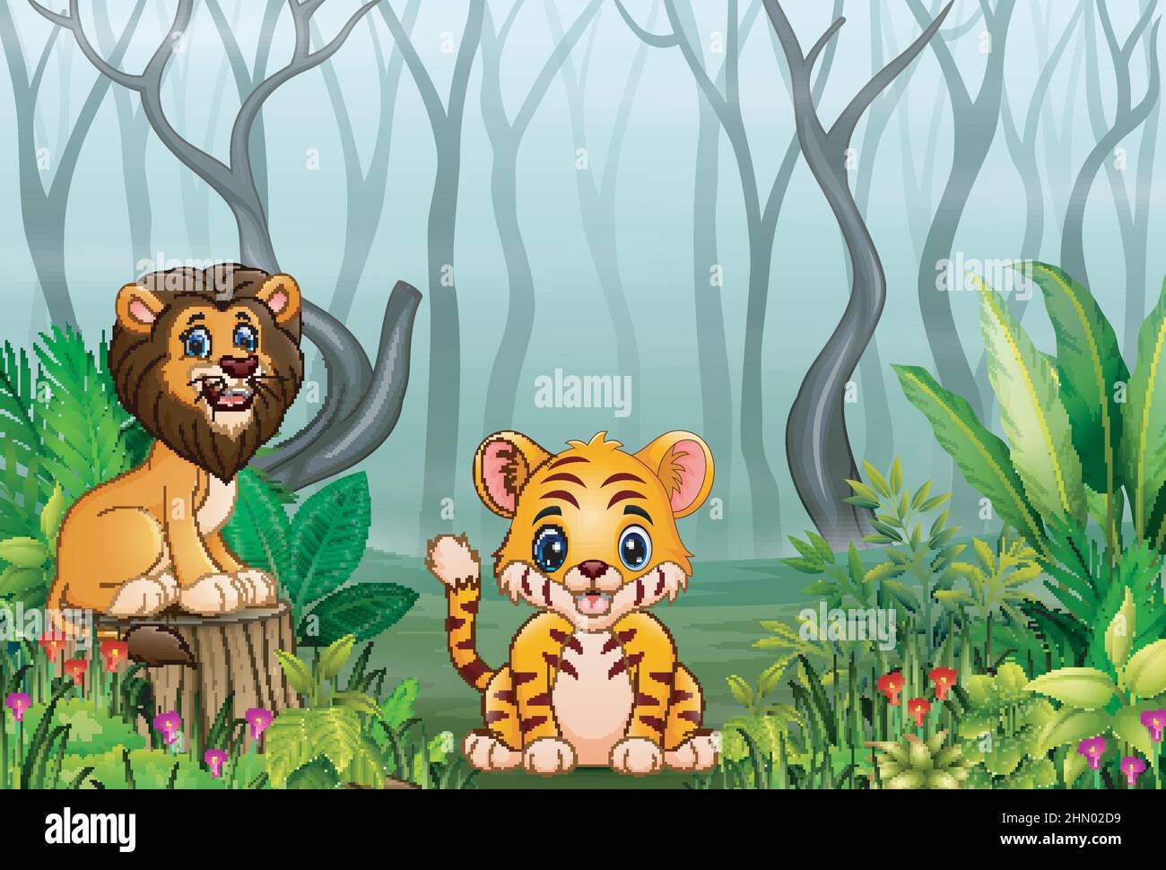 Cartoon wild animal in the forest with dry tree branches background ...