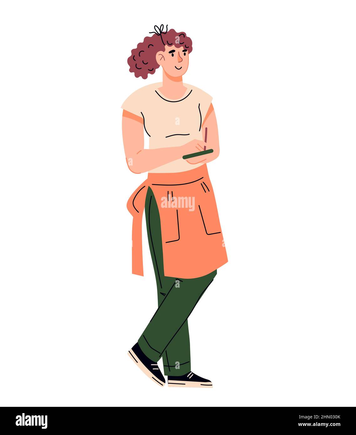 Friendly waitress writing down the order in notepad, flat cartoon ...