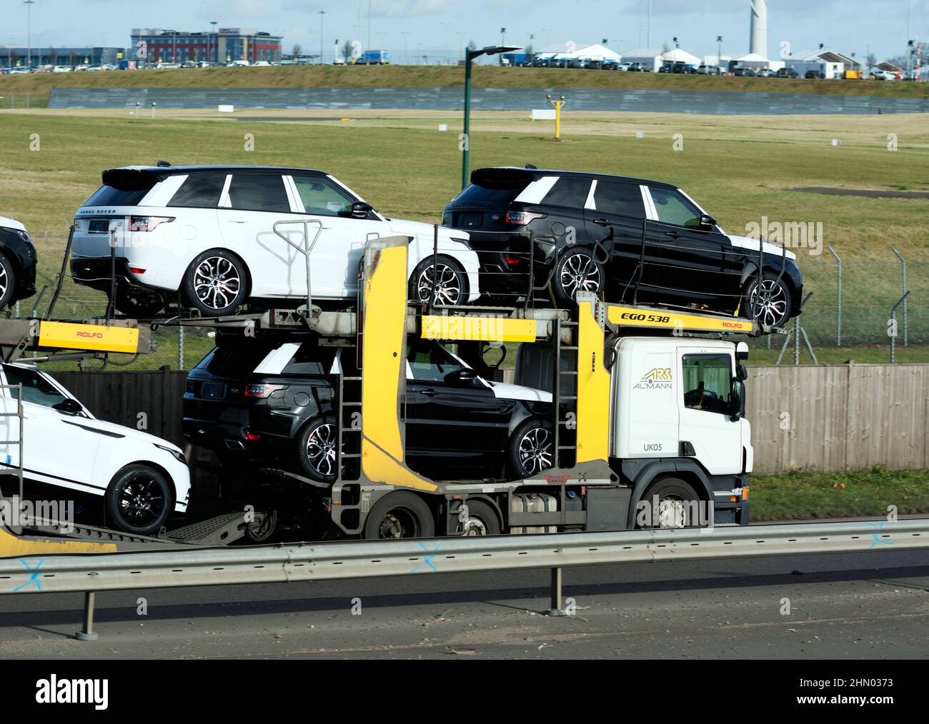 ARS Altmann transporter lorry carrying new Land Rover cars, Birmingham ...