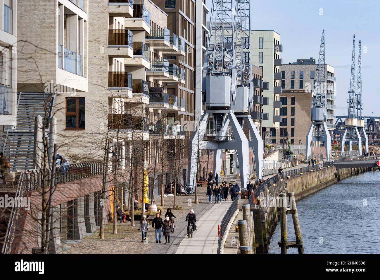 Hamburg, Germany. 12th Feb, 2022. Historic harbor cranes stand in front ...