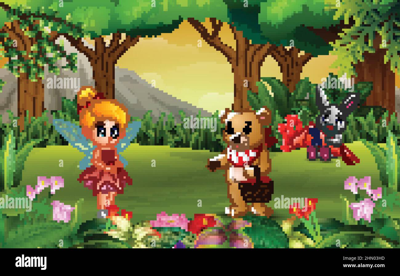 Cute fairy with a bear and rabbit in the beautiful nature Stock Vector ...