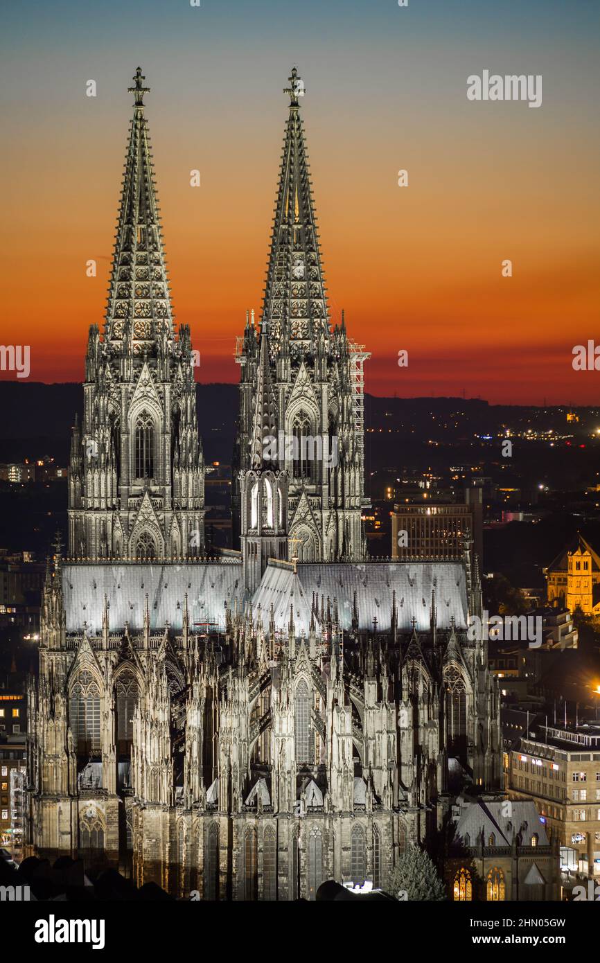 A view of the cologne cathedral at sunset in germany. Taken outside ...