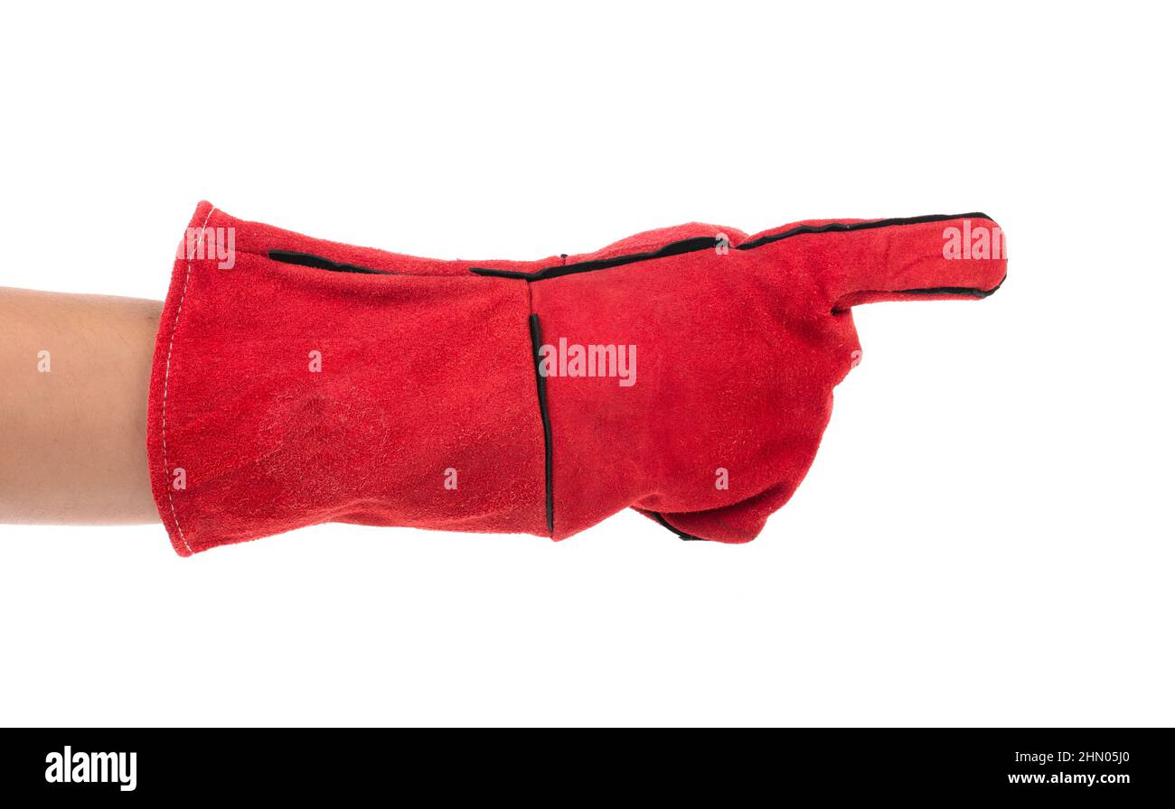 Heavy-duty red glove on hand. Isolated on a white background Stock ...
