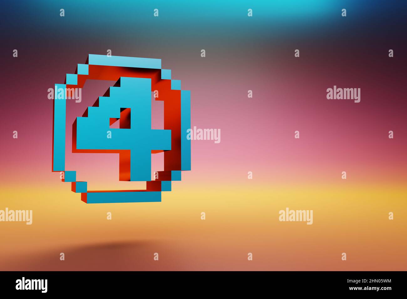 Pixel number 4. Beautiful Blue Four icons symbol on multicolor bright ...