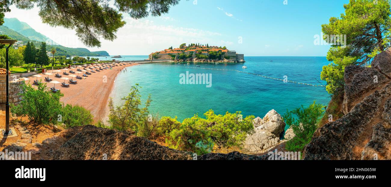 Panorama of the beach and the island of Sveti Stefan Stock Photo - Alamy