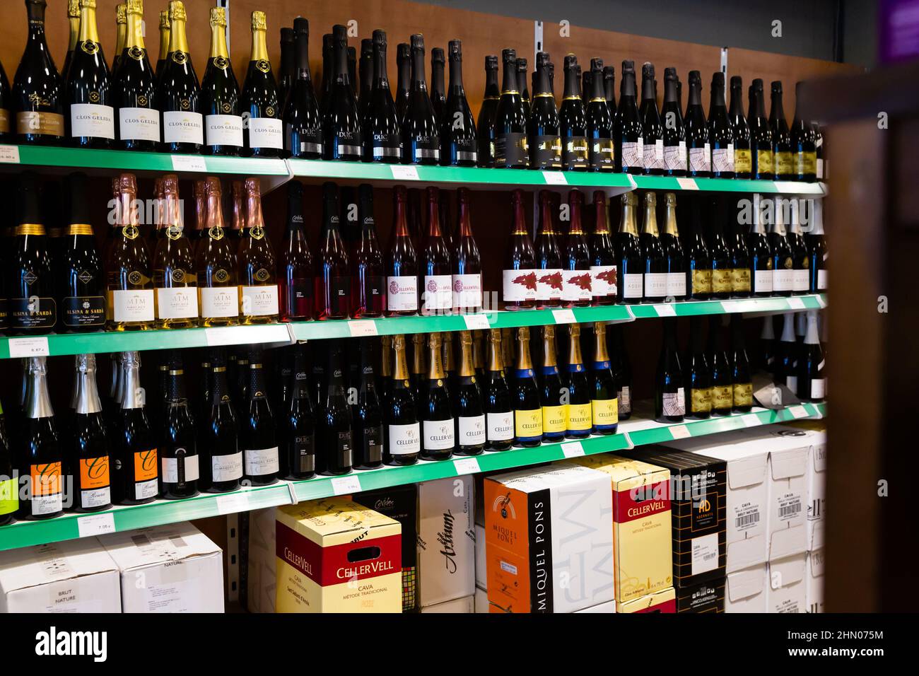 Rows of bottles with traditional spanish sparkling wine cava Stock ...