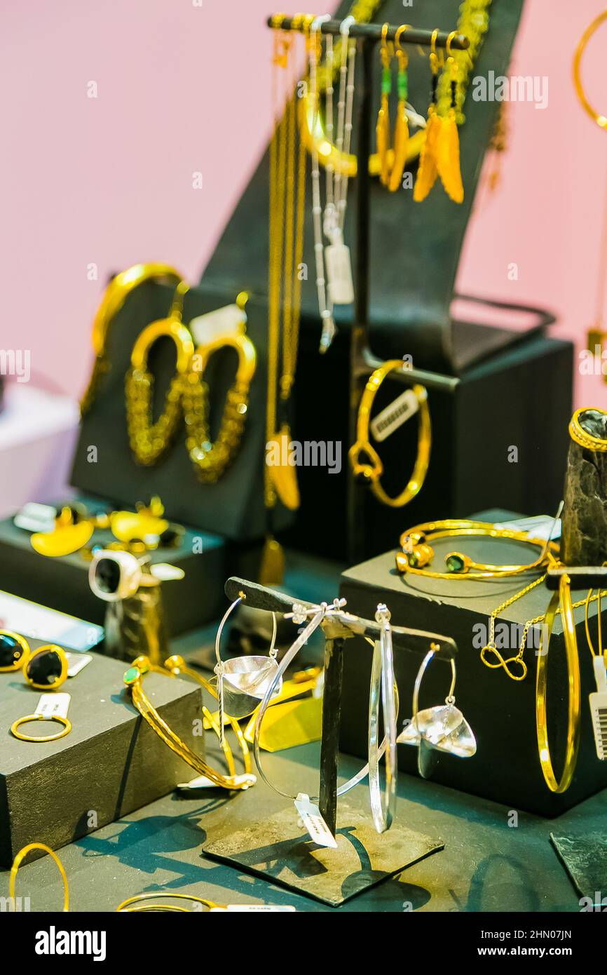 Items on display at exhibitor stand at a hand-made design fair Stock ...