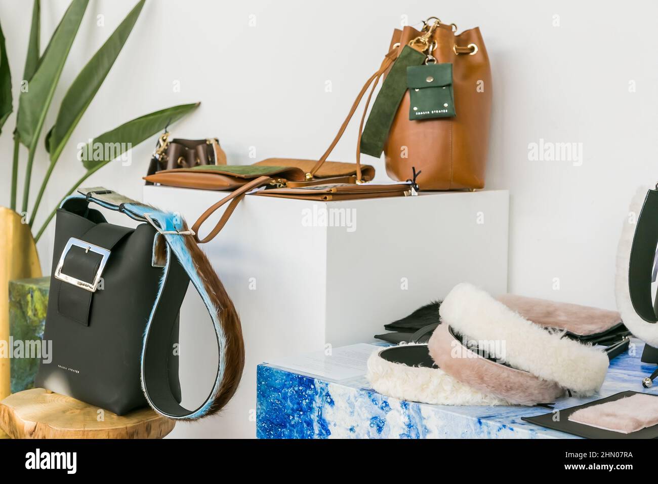 Bags on display at an exhibitor stand at a handmade design fair in ...