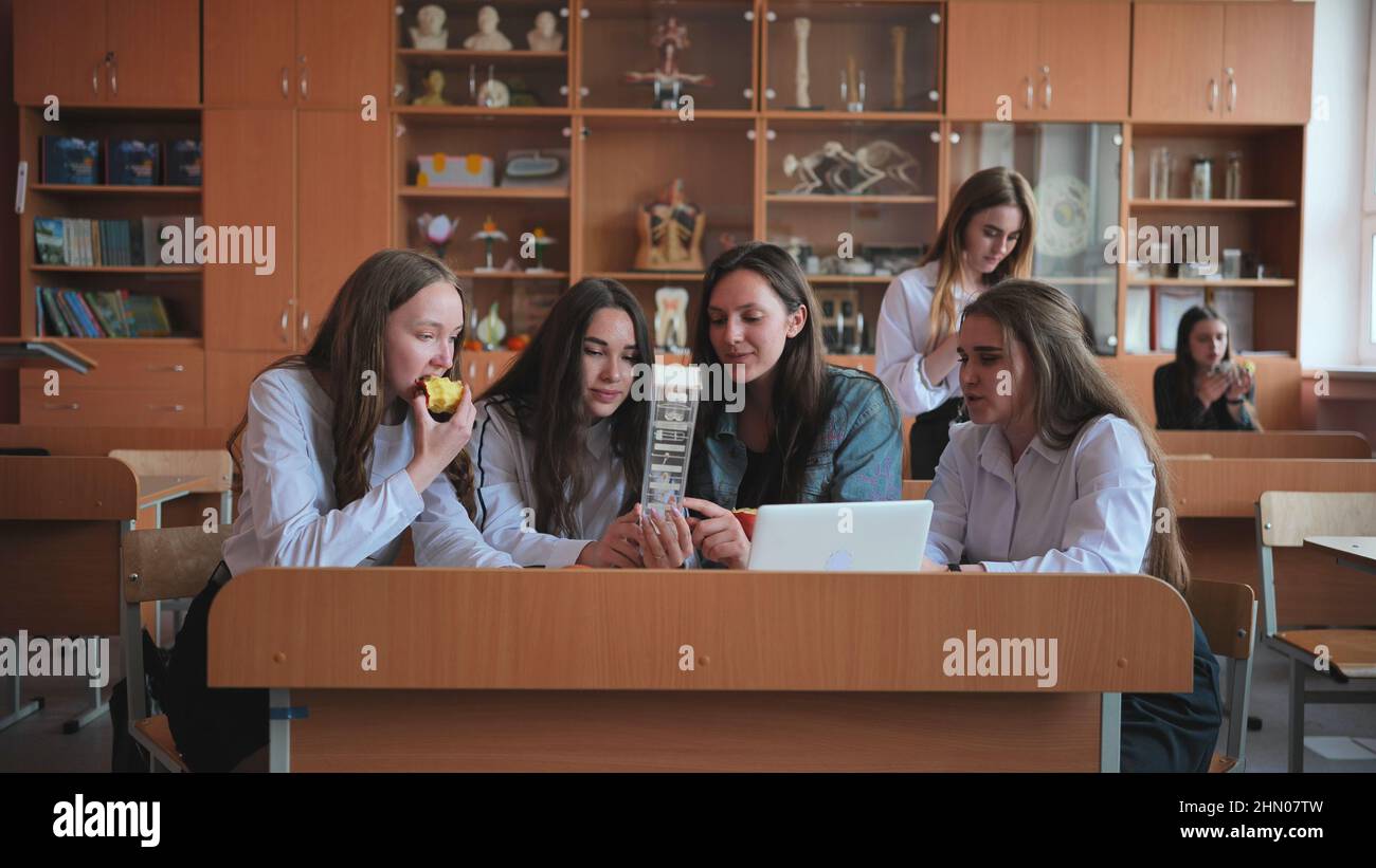 Schoolchildren friends working together in class with a laptop and ...