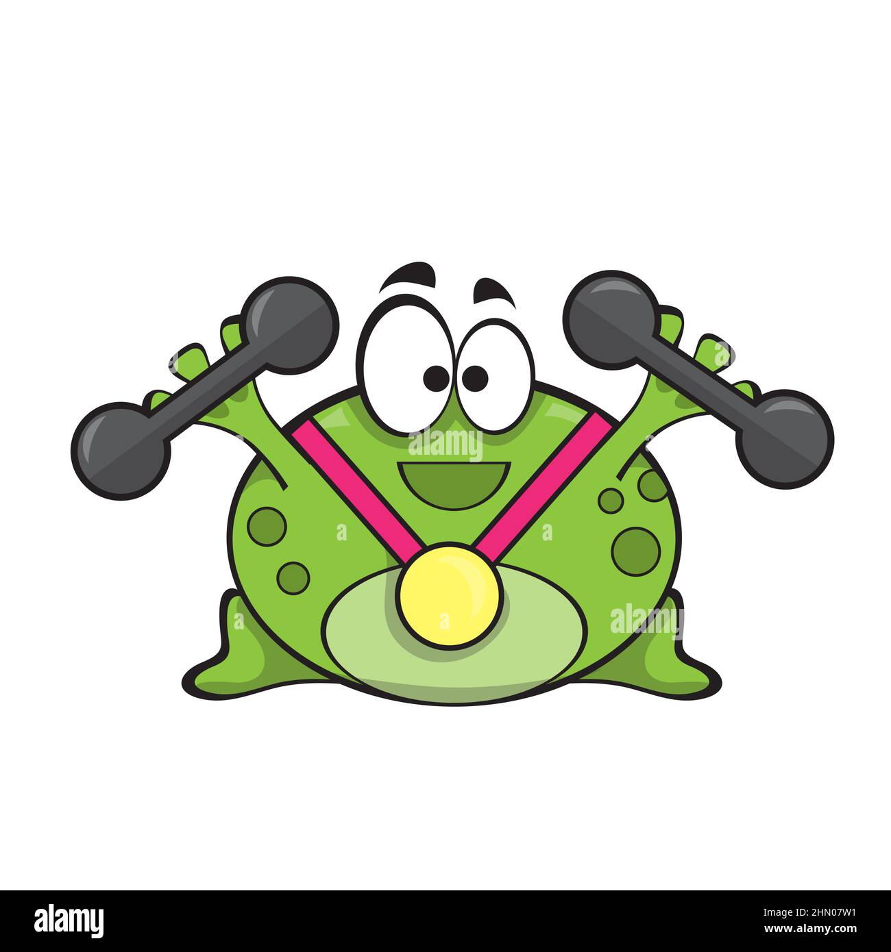 Cute frog with gold medal and dumbbell doing fitness exercise, vector ...