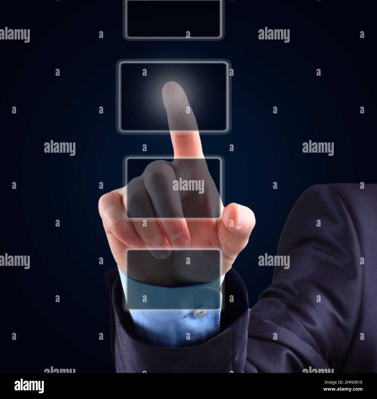 business man pressing a touchscreen button Stock Photo - Alamy