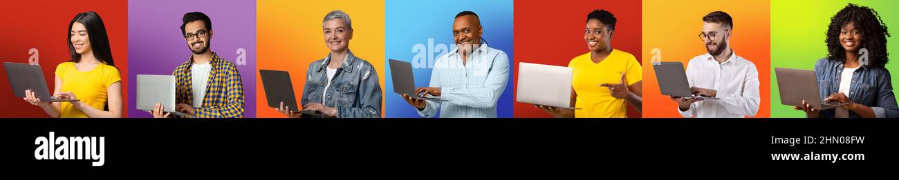 Modern Technologies. Diverse Smiling Multicultural People With Laptops ...