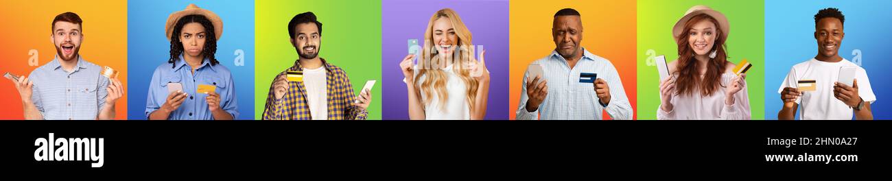 Diverse people using smartphones showing debit credit cards Stock Photo ...