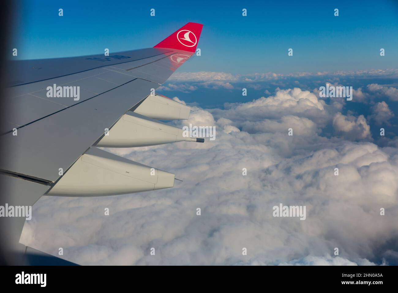 TURKEY - JANUARY 15, 2021: the view is wing of a Turkish airline plane ...