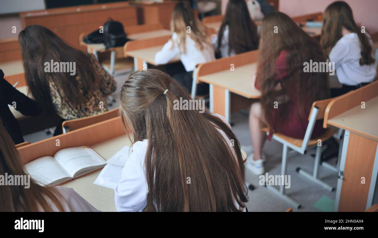 Pupils of the 11th grade in the class at the desks during the lesson ...