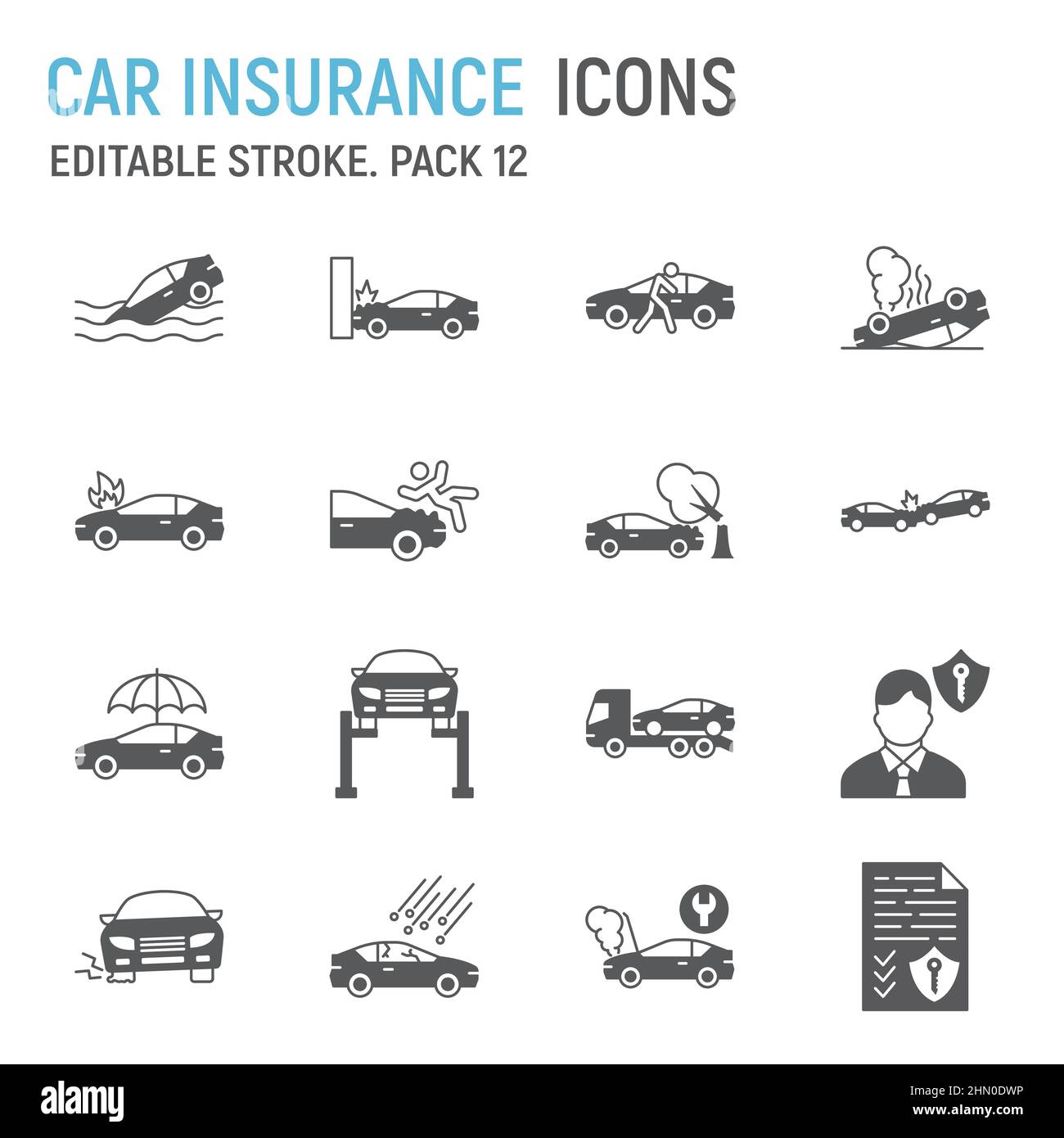 Car insurance glyph icon set, car accident collection, vector graphics ...