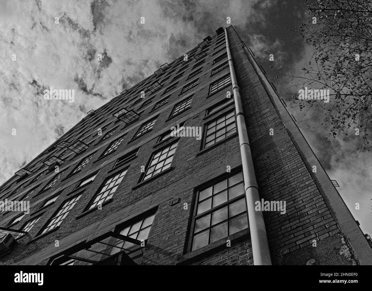 Greyscale low angle view of a tall building Stock Photo - Alamy