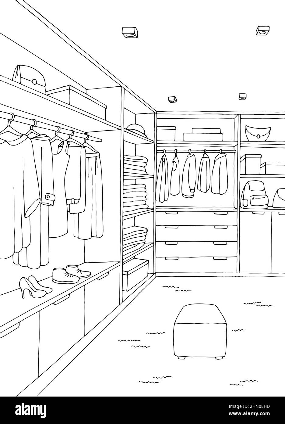 Wardrobe with clothes illustration Black and White Stock Photos ...