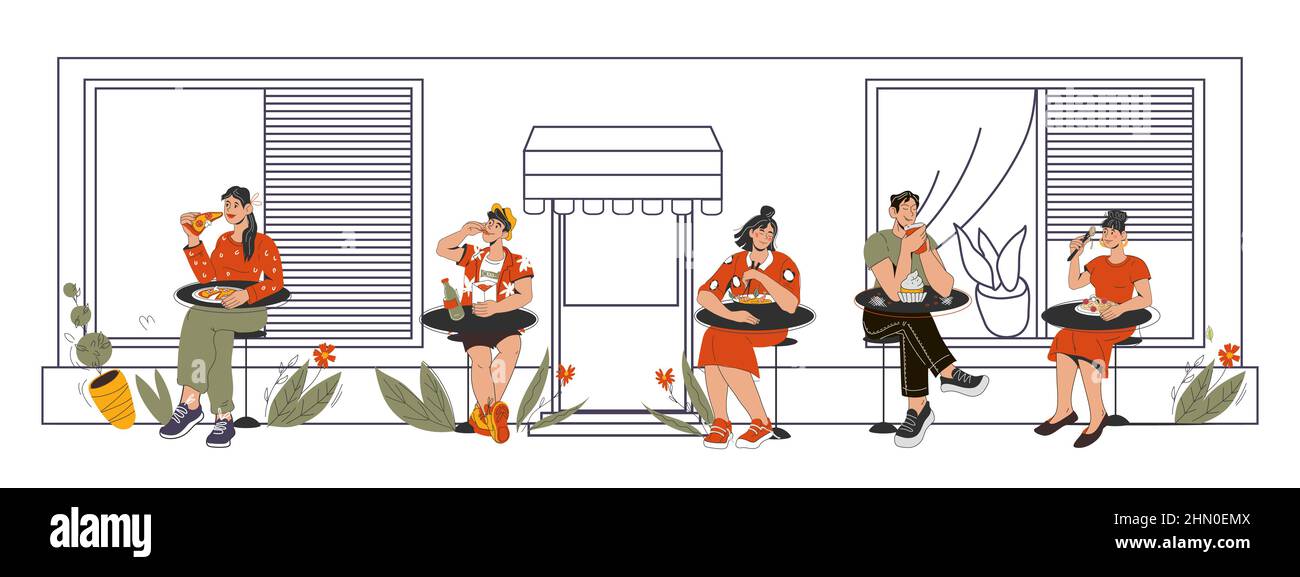 People eat in street cafe or food court. Fast food and catering ...