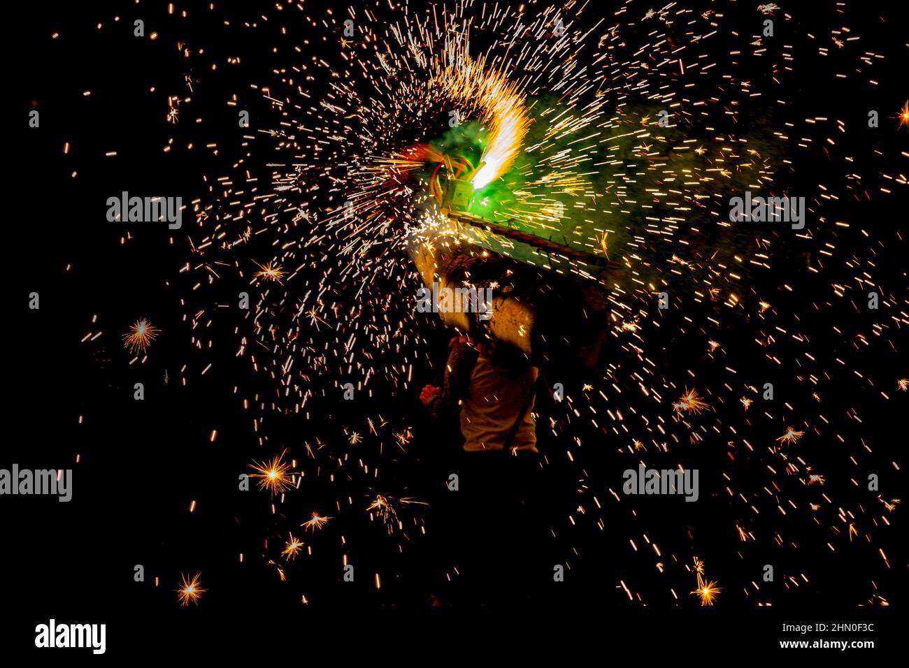 The fire bull is used in the villages of the fiestas of spain Stock ...