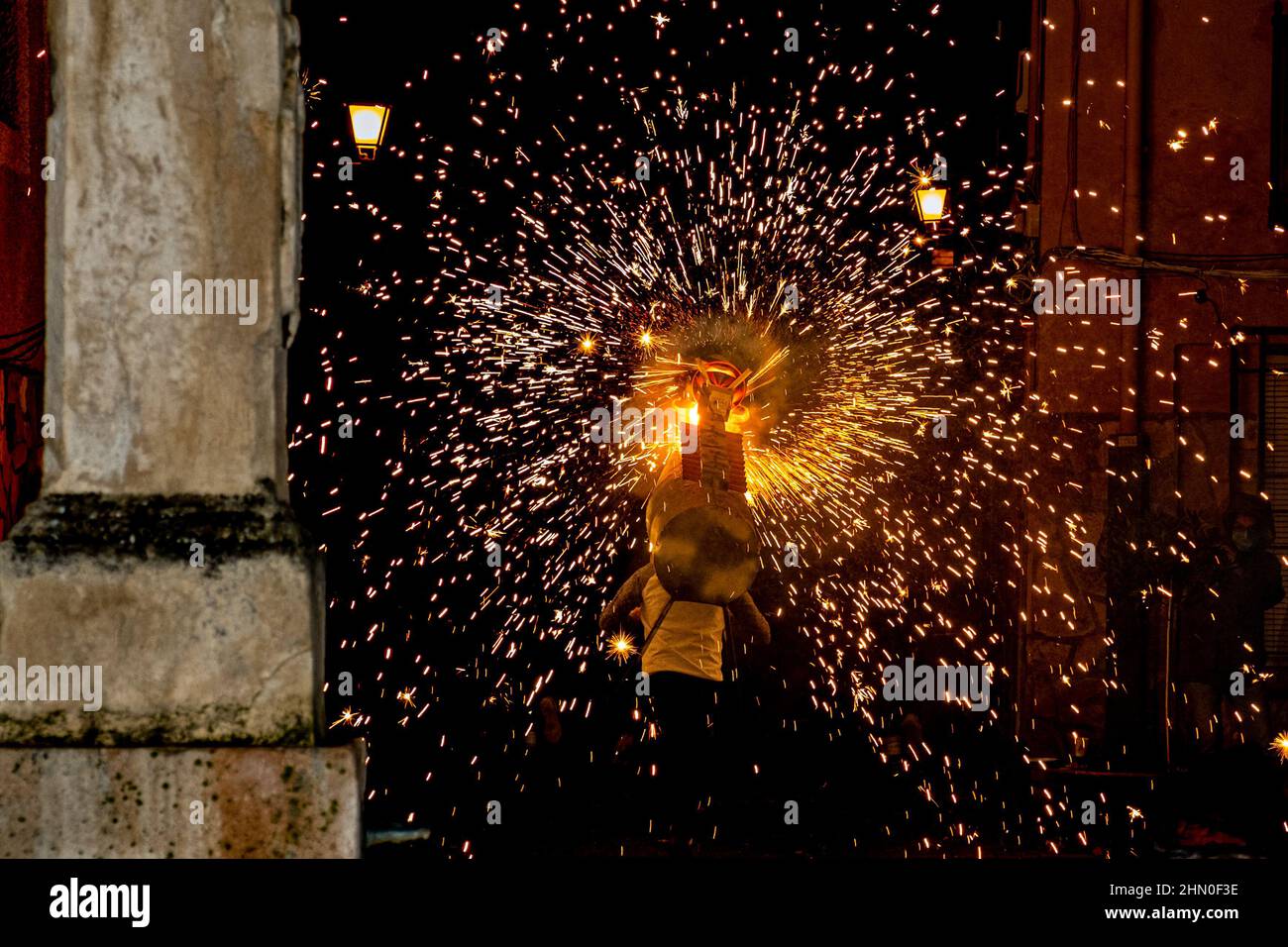 The fire bull is used in the villages of the fiestas of spain Stock ...