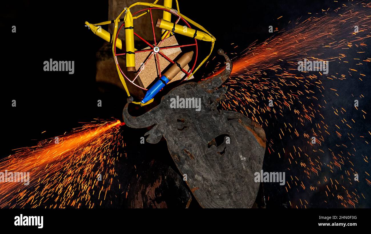 The fire bull is used in the villages of the fiestas of spain Stock ...