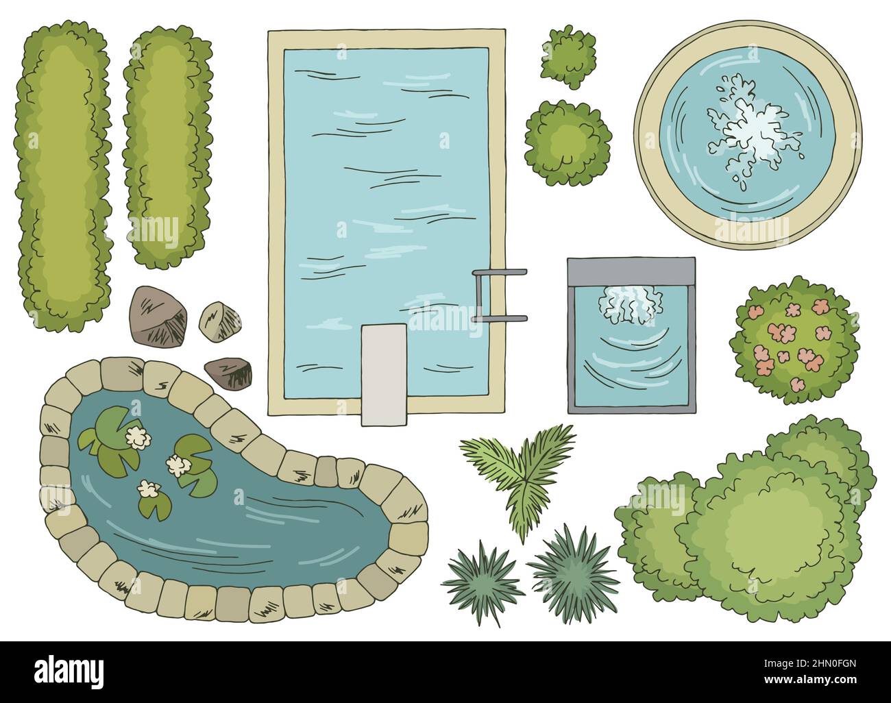 Landscape architect design element set graphic color top sketch aerial ...