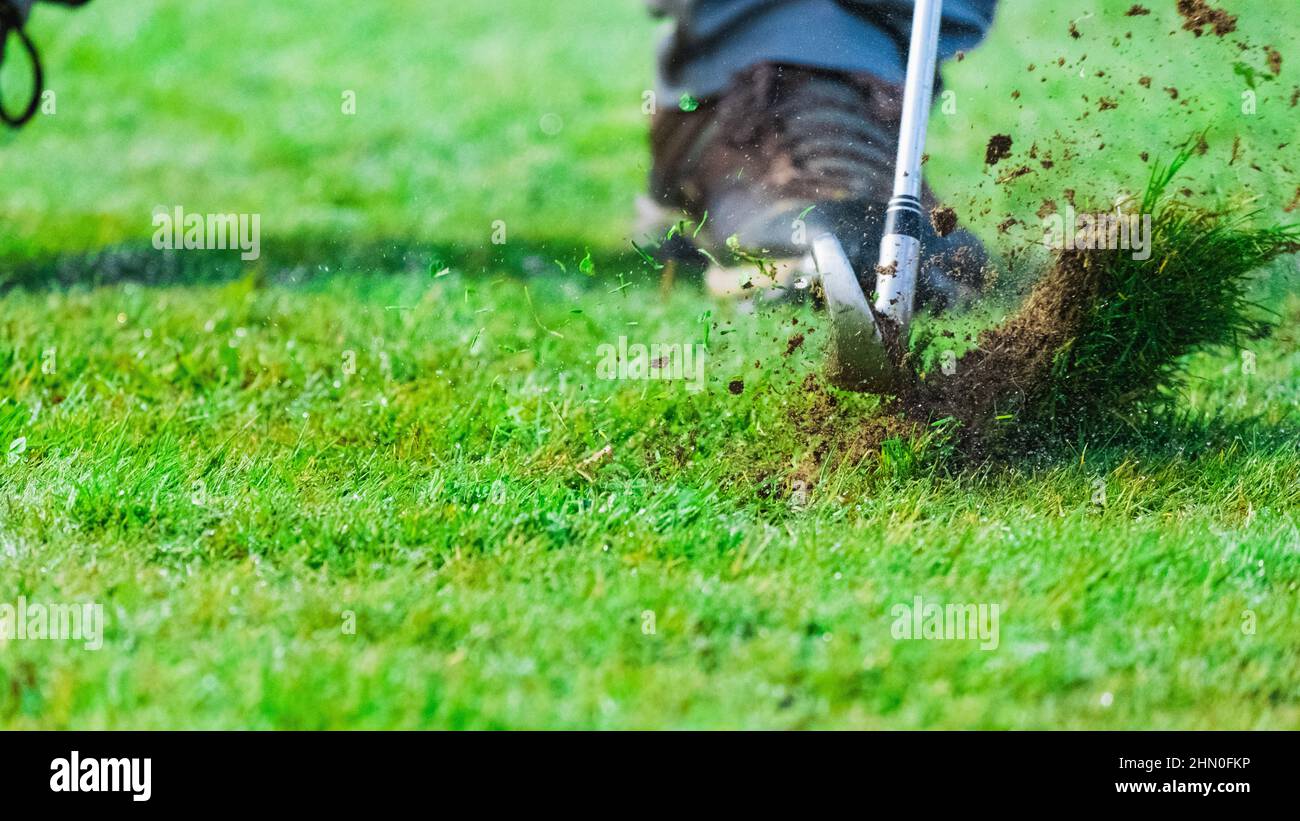 Golf club hitting the grass. golf training Stock Photo - Alamy