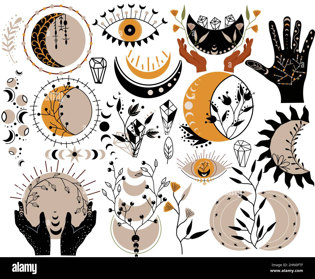 Celestial boho Moon phase. Mystical heavenly moon, mystic hand, crystal ...