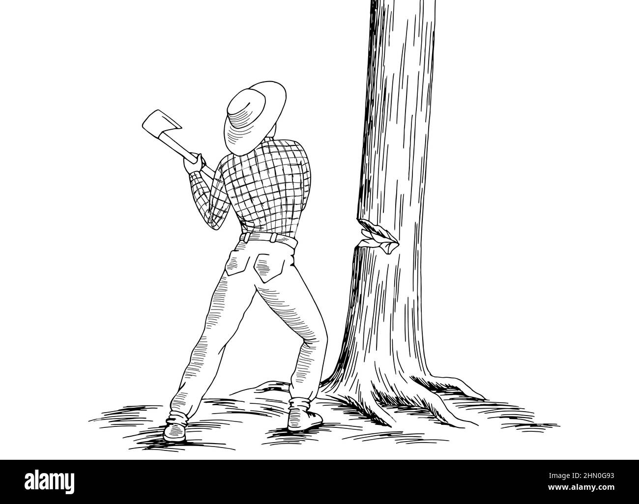 Lumberjack cuts a tree isolated graphic black white sketch illustration ...