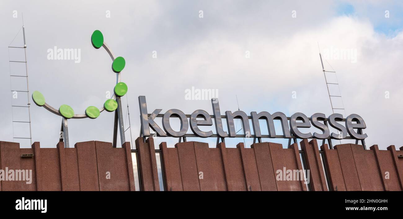 Koelnmesse sign at the Entrance. With around 75 trade fairs annually ...