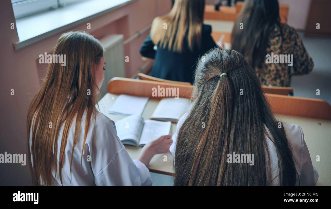Pupils of the 11th grade in the class at the desks during the lesson ...