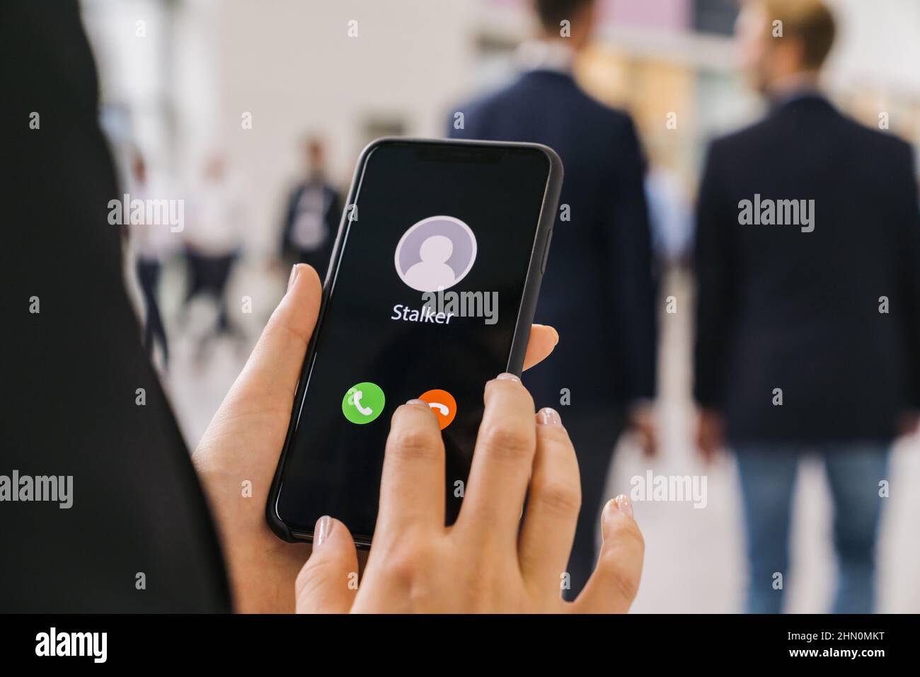 Businesswoman gets a Phone call from a stalker. Stalking or bullying ...