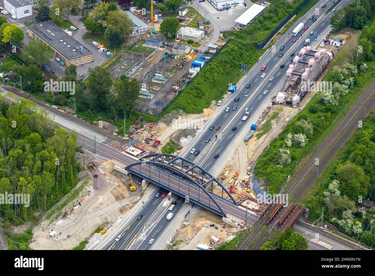 Aerial view, construction site for new railway bridge over the A43 ...