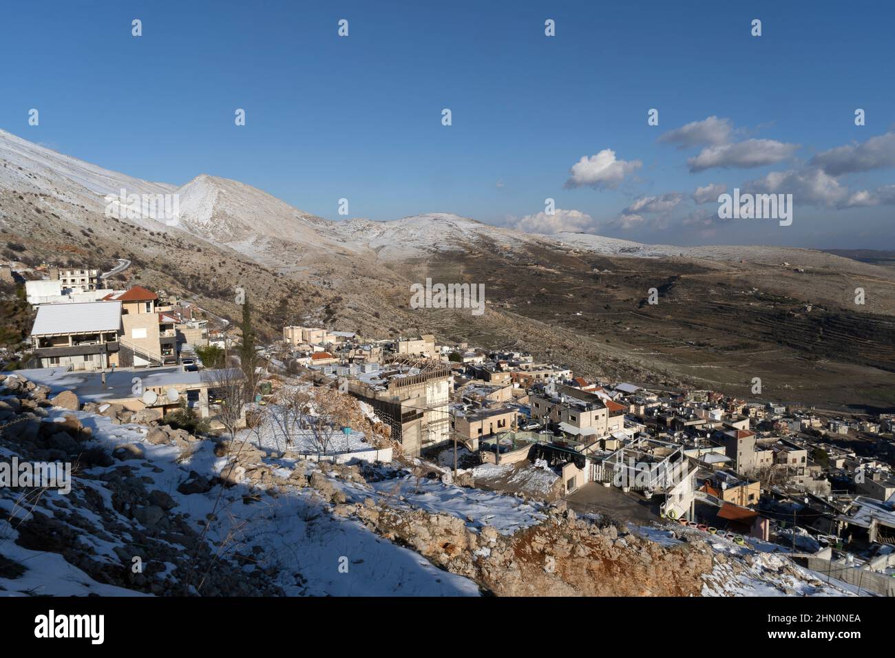 Majdal Shams and Mount Hermon in a snowy winter Stock Photo - Alamy