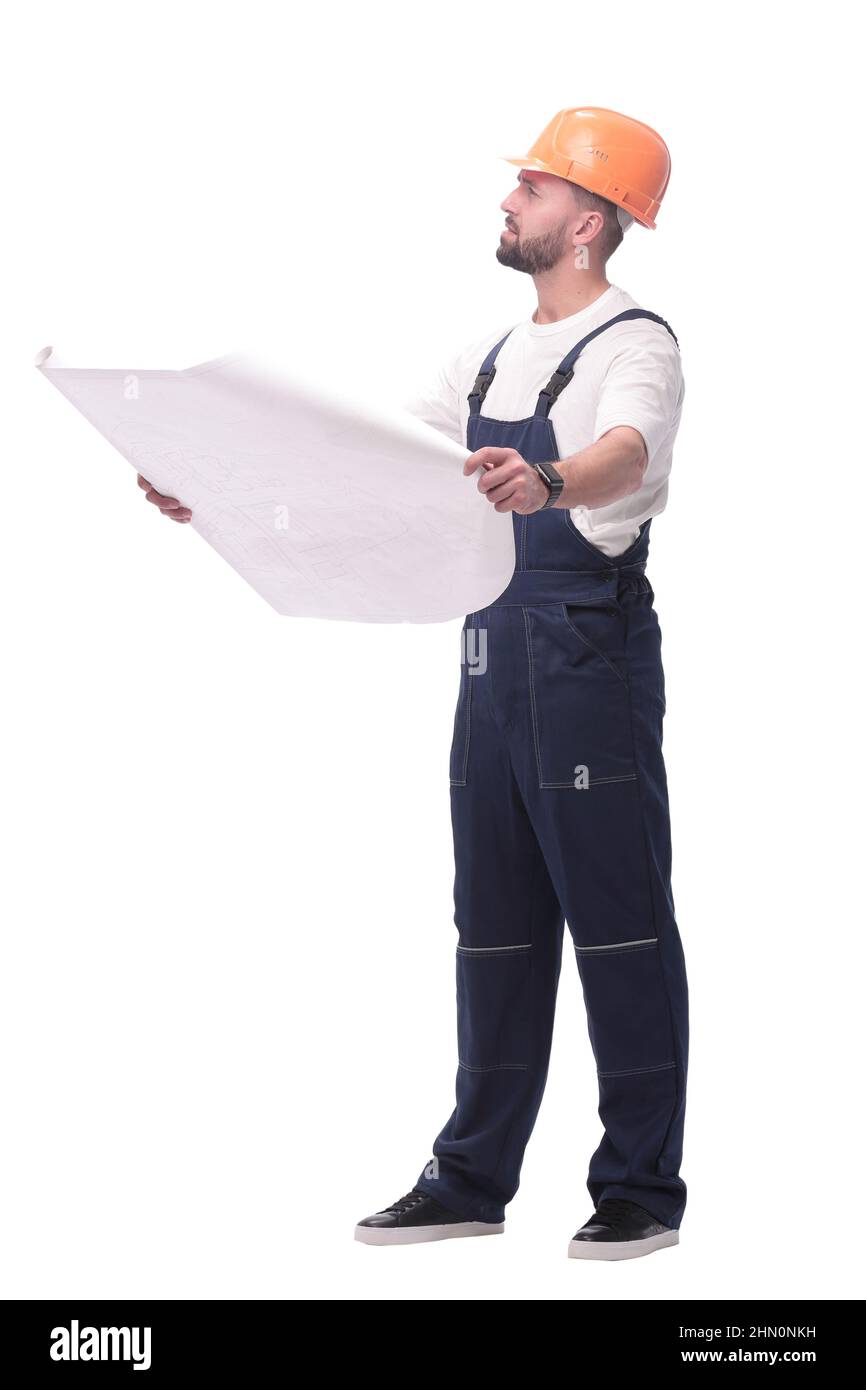 competent foreman Builder looking at drawings. isolated on white Stock ...