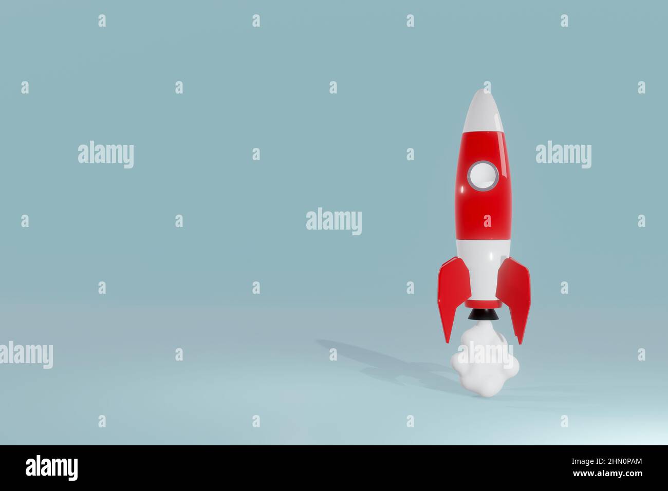 Shiny red and white rocket takes off against blue background. 3d ...