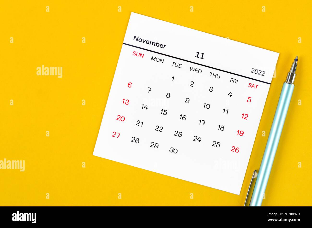 The November 2022 calendar on yellow background Stock Photo - Alamy