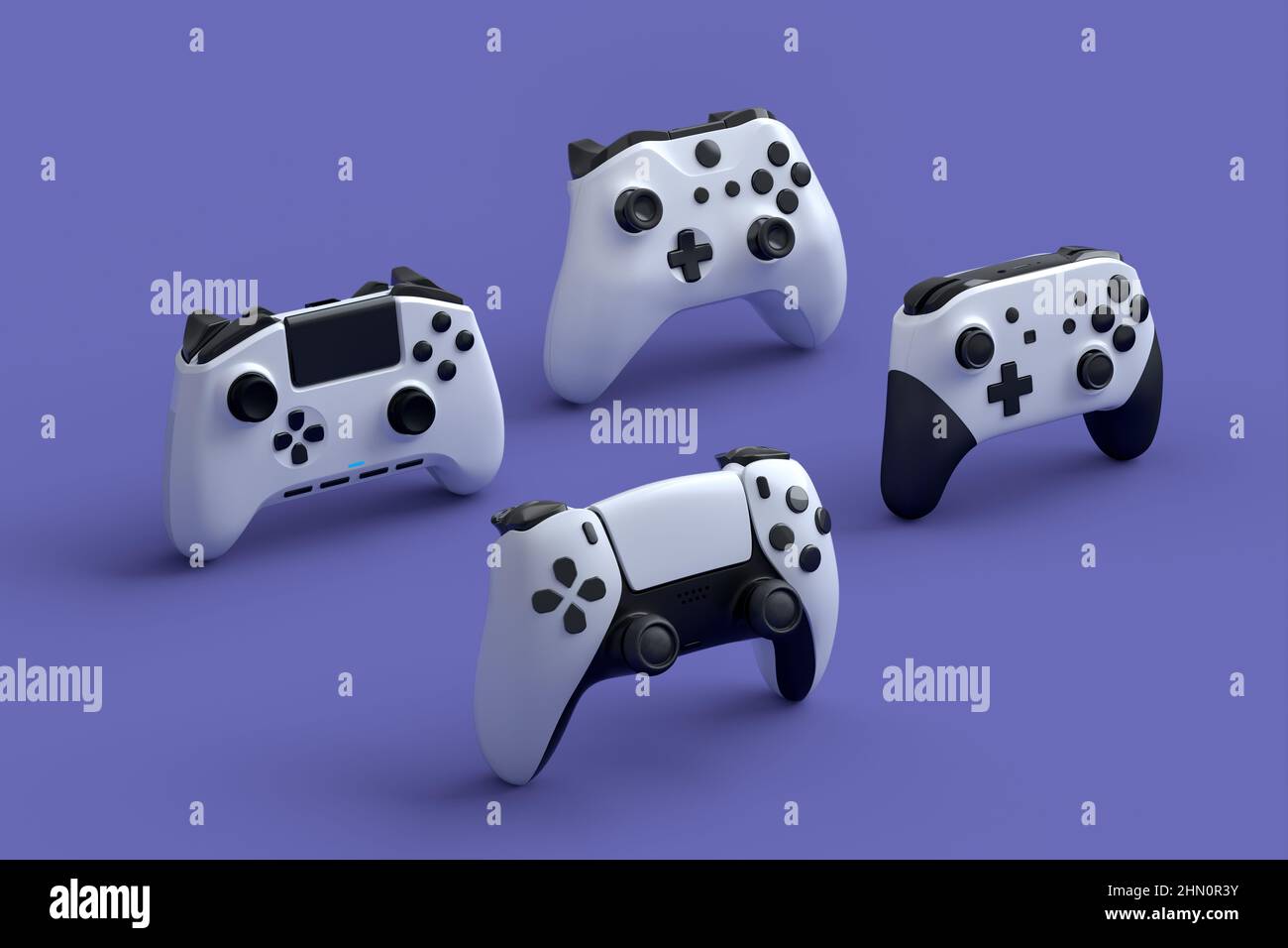 Set of standing gamer joysticks or gamepads on purple background with ...