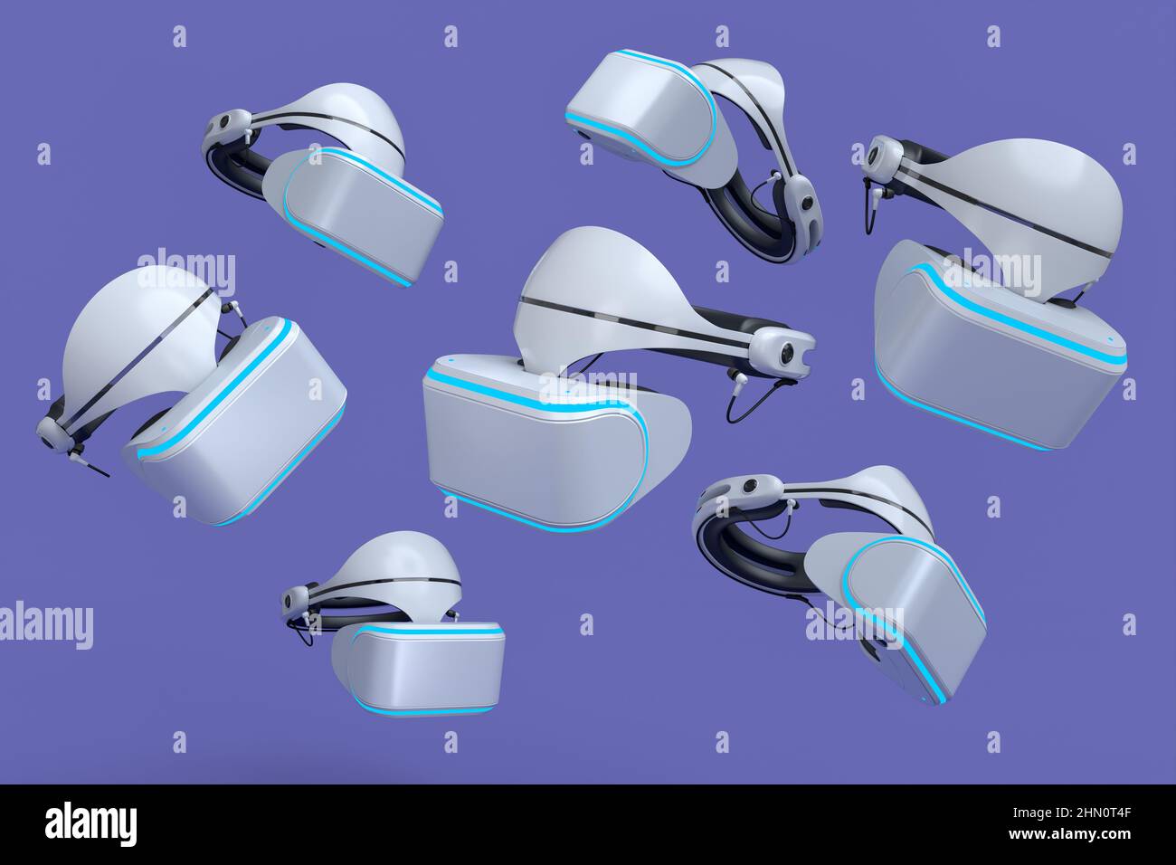 Flying gamer headphones or headset on purple background with blur. 3d ...